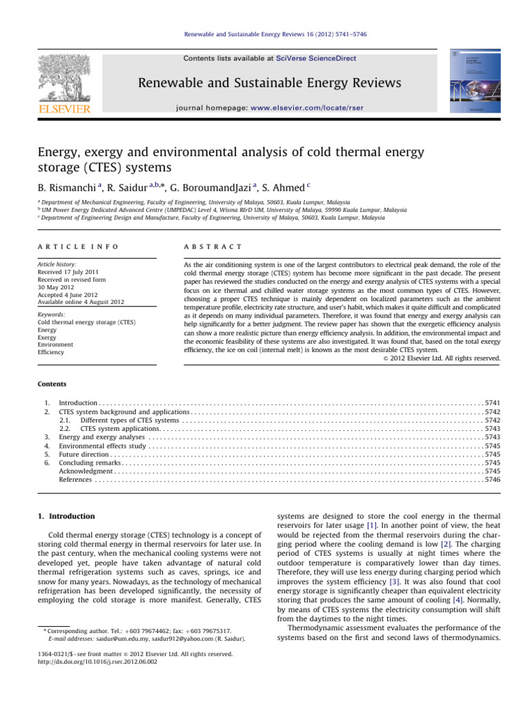 Energy, Exergy and Environmental Analysis of Cold Thermal Energy | PDF | Exergy | Heat