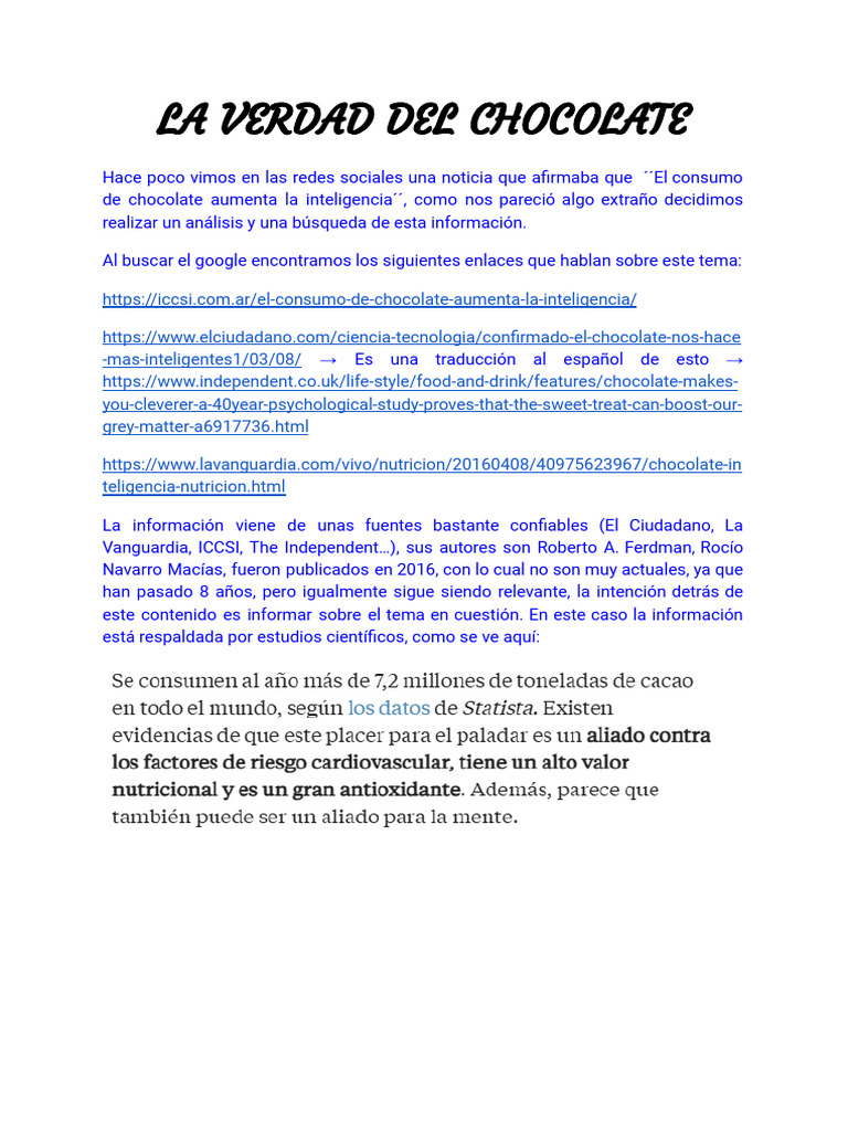El chocolate y la inteligencia: ¿mito o realidad? | PDF