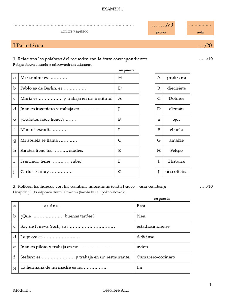 Examen de Español A1.1: Módulo 1 | PDF