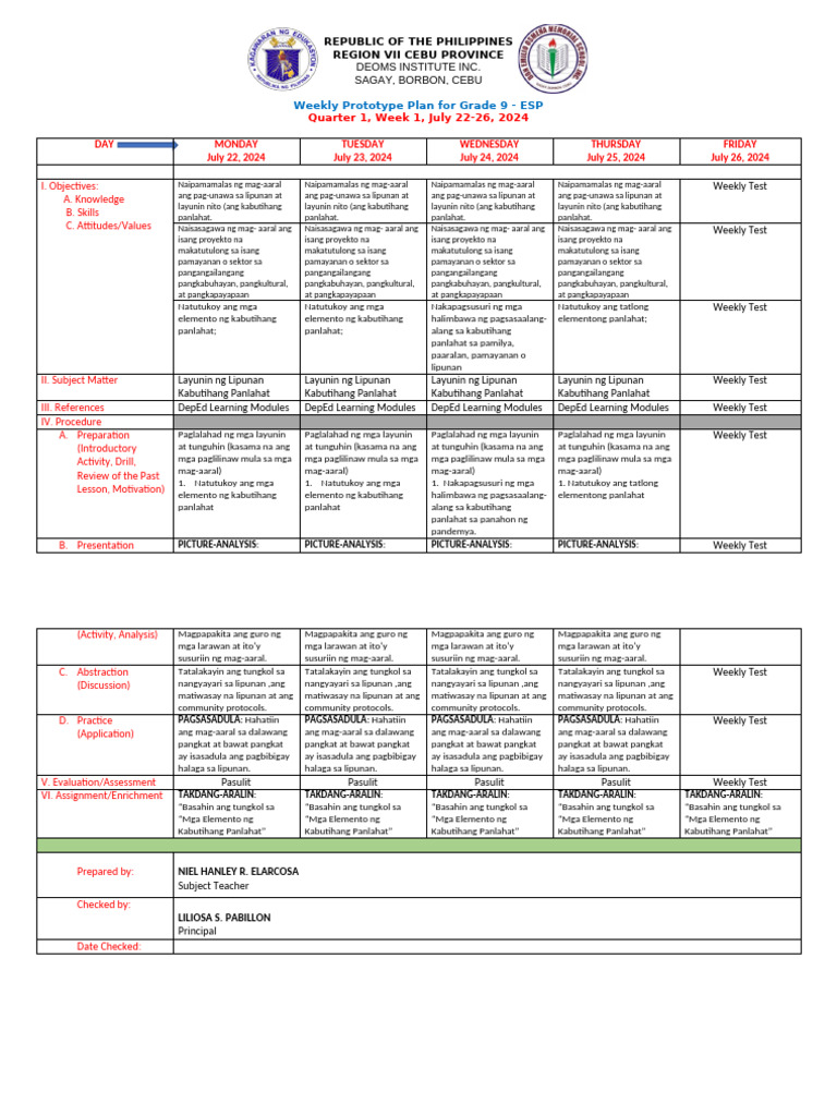 LOG PLAN WEEK 1 Grade 9 ESP | PDF
