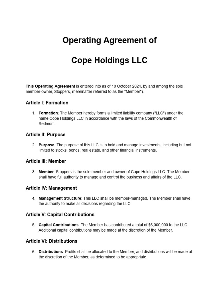 Cope Holdings LLC Operating Agreement | PDF | Finance & Money Management
