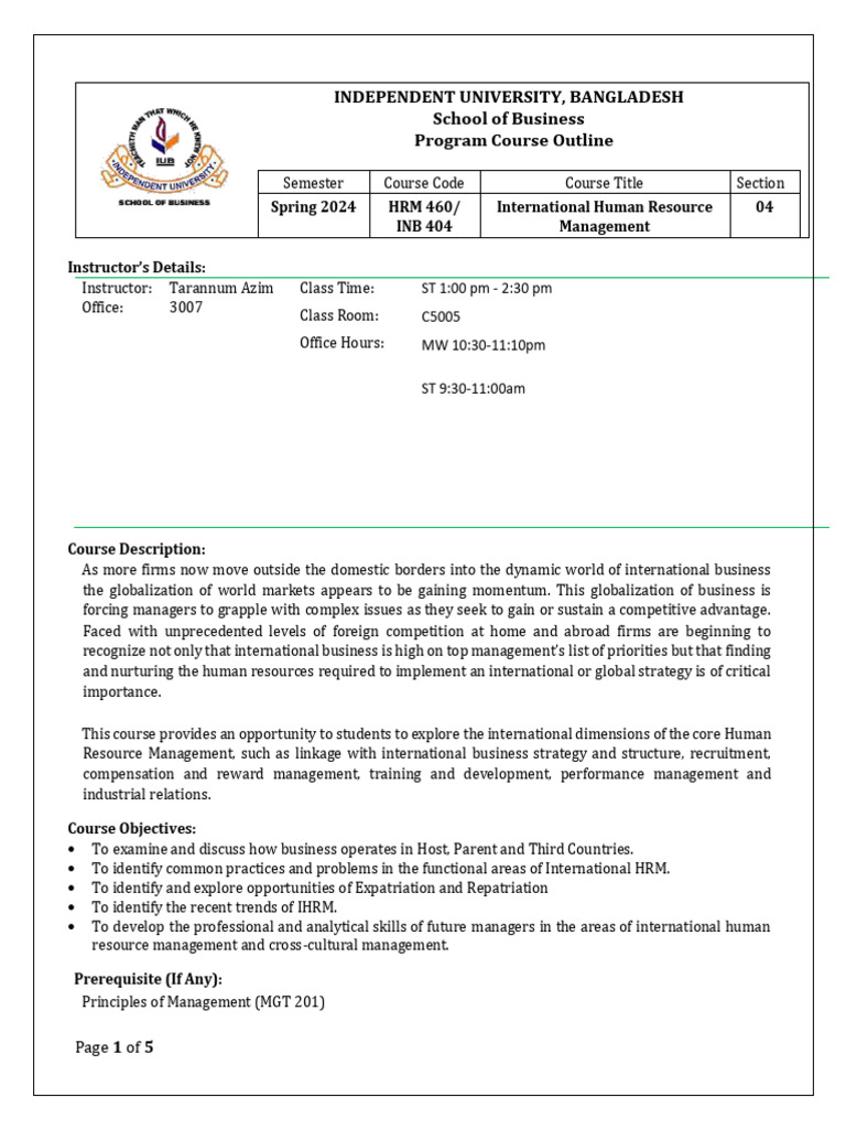 Course Outline HRM 460 | PDF | Human Resource Management | Quiz