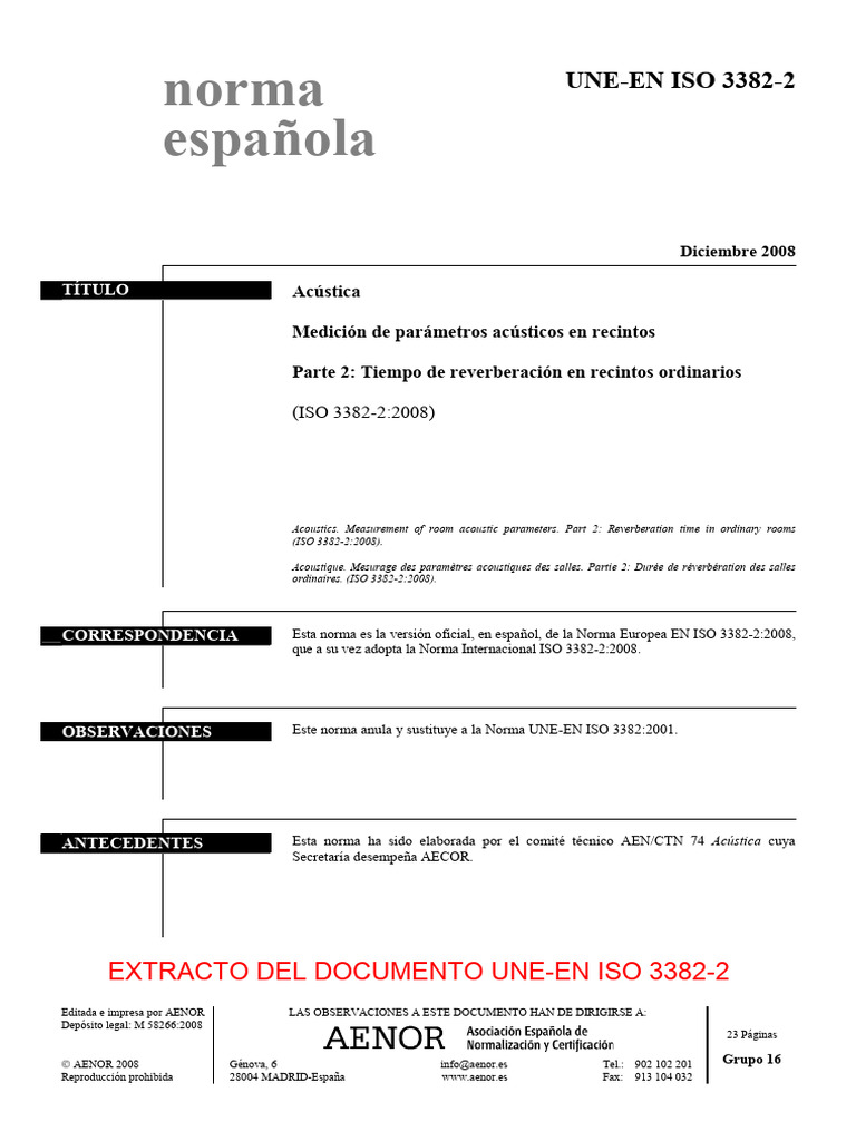 (Ex) Une-En Iso 3382-2 2008 | PDF | Acústica | Sonido