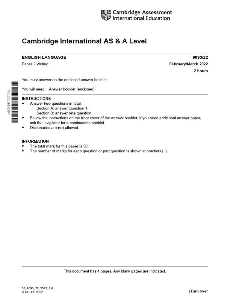 Cambridge International AS & A Level: 9093/22 English Language | PDF ...
