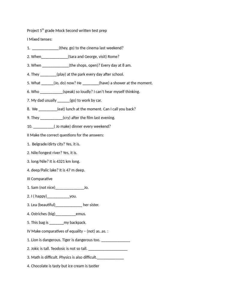 Project 5th Grade Mock Second Written Test Prep | PDF