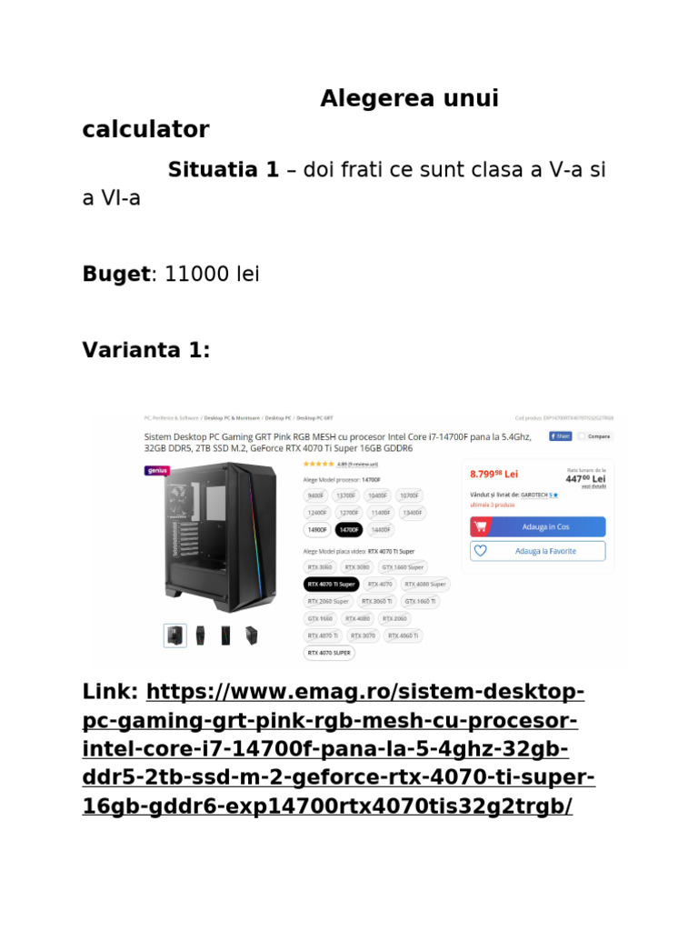 Alegerea Unui Calculator - Proiect | PDF | Hdmi | Computer Engineering