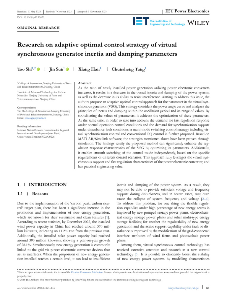 Research On Adaptive Optimal Control Strategy of Virtual Synchronous Generator Inertia and ...