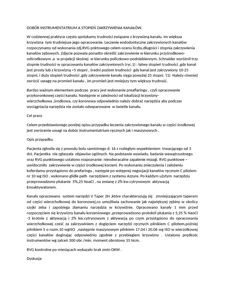 Dobór Instrumentatrium A Stopień Zakrzywienia Kanałów | PDF