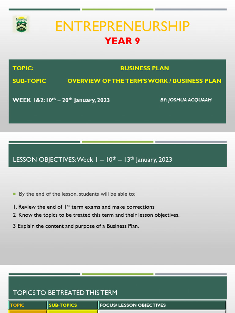 Week 1 & 2 - Ent - Year 9 | PDF | Communication | Concept