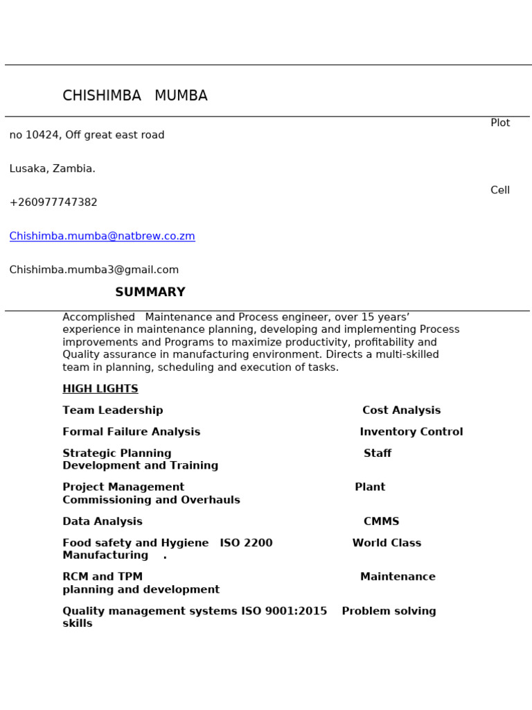 Maintenance Engineer Resume - Chishimba Mumba | PDF | Regulatory ...