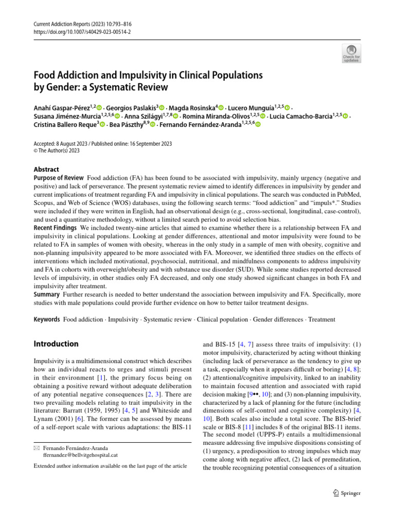 Food Addiction and Impulsivity in Clinical Populations | PDF ...