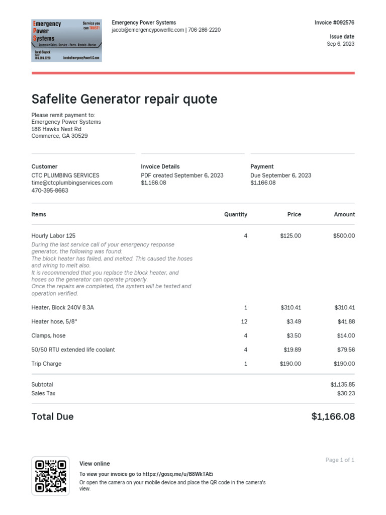 Safelite Generator Repair Quote | PDF | Invoice | Payments