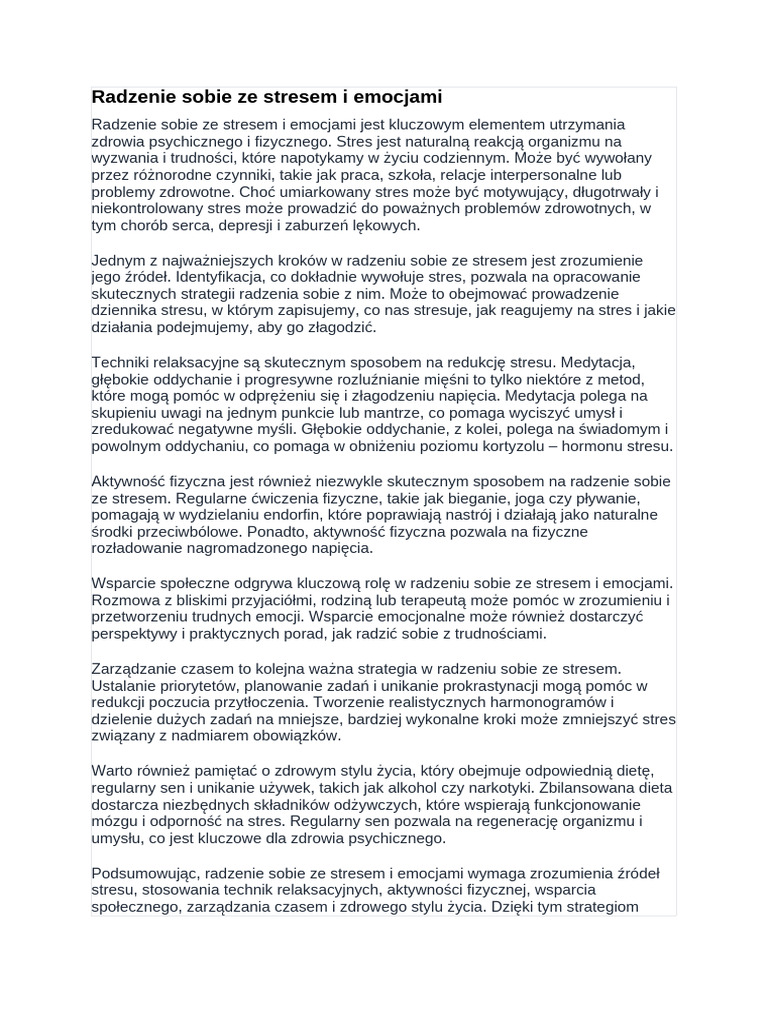 Radzenie Sobie Ze Stresem I Emocjami | PDF