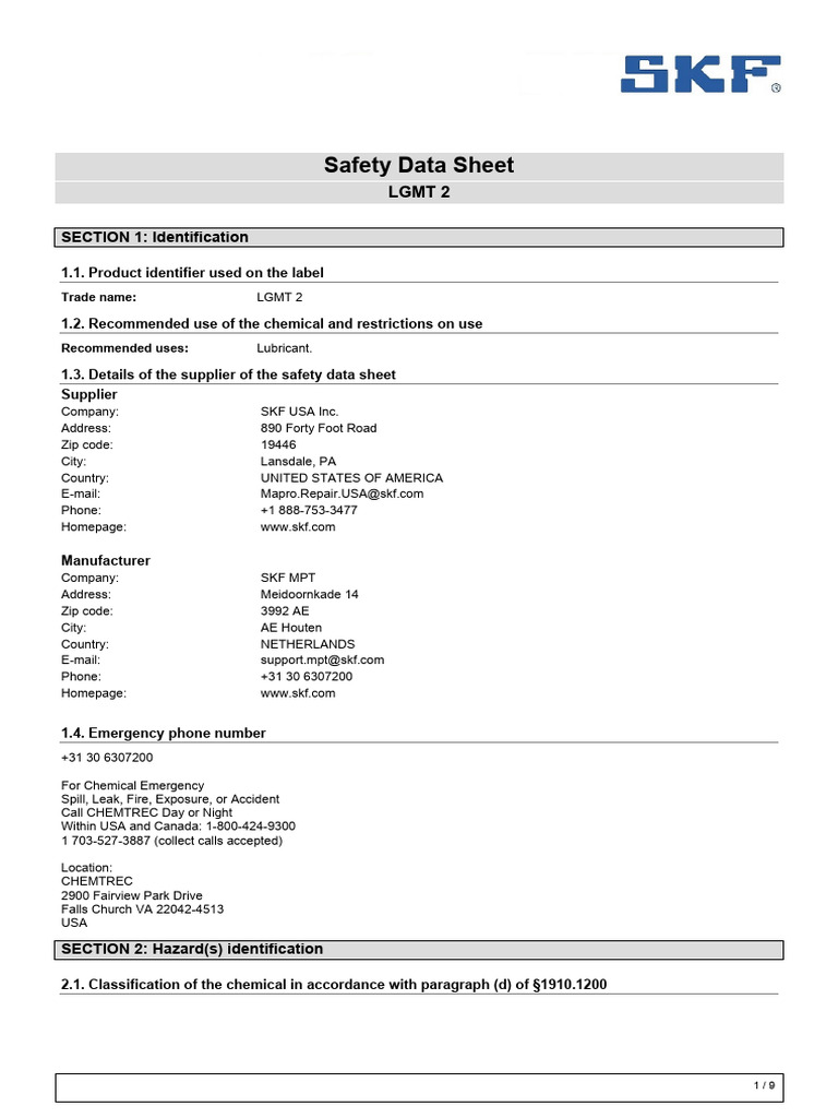 FDS SKF Bearing Grease LGHB 25 English | PDF | Resource Conservation ...