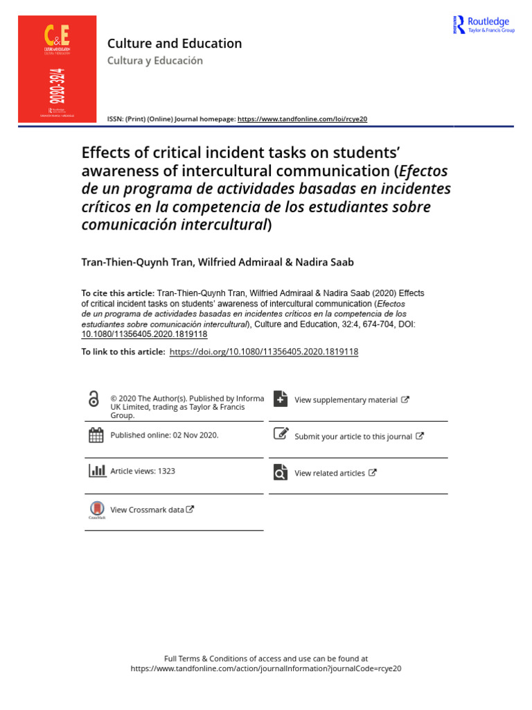 Effects of Critical Incident Tasks On Students Awareness of Intercultural Communication Efectos ...