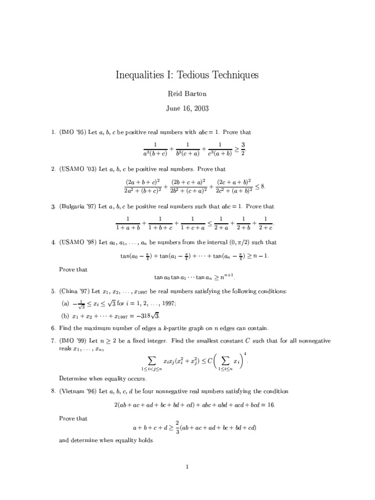 Inequalities I. Tedious Techniques - Reid Barton - MOP 2003 | PDF