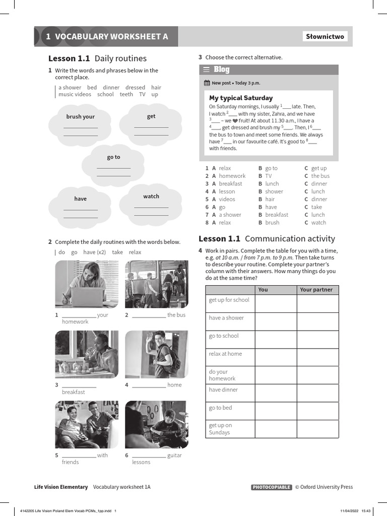 Life Vision Elem Vocab Worksheet A U1 | PDF | Lunch | Meal