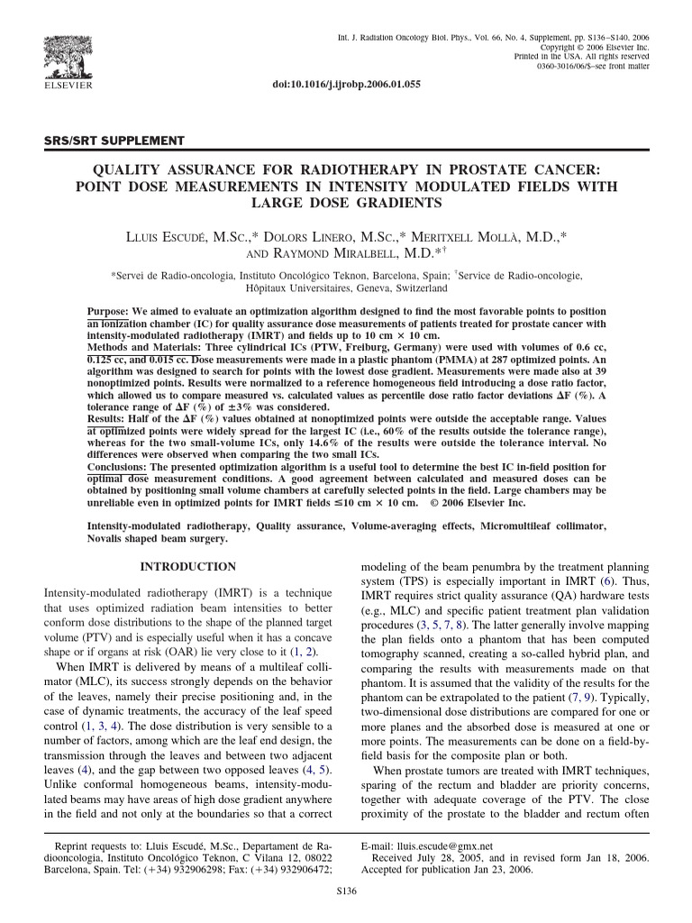 Escude - Point Dose Measurements in IMRT QA | PDF | Radiation Therapy | Absorbed Dose