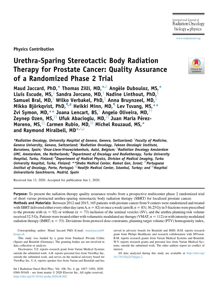 Jaccard - Urethra-Sparing Stereotactic Body Radiation Therapy For Prostate Cancer, Therapy For ...