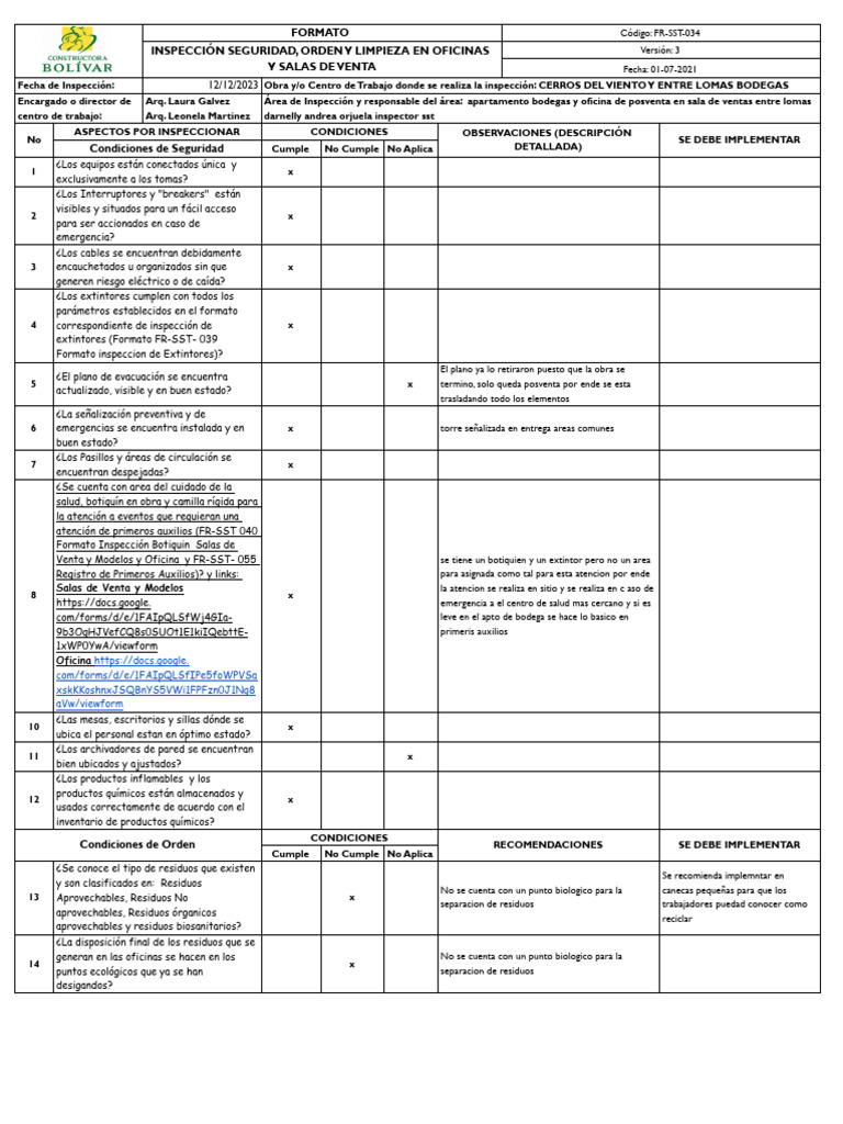 FR-SST 034 Inspeccion Programa Sol - Cerros Del Viento y Entre Lomas - Diciembre 2023 | PDF ...