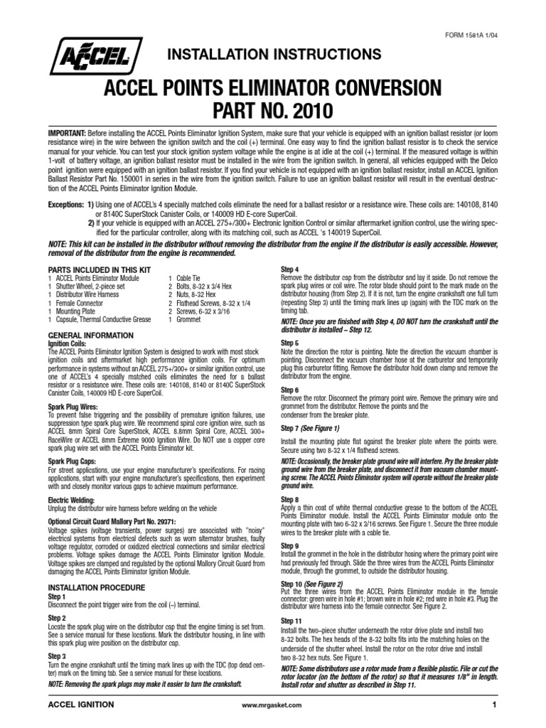Accel Points Eliminator Kit GM | PDF | Electrical Connector | Distributor