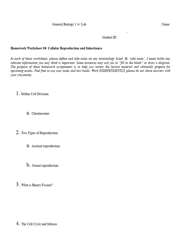 General Biology 1 W/ Lab Name:: Homework Worksheet #8: Cellular ...