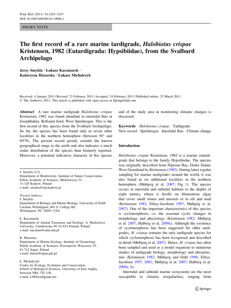 The First Record of A Rare Marine Tardigrade, Halobiotus Crispae Kristensen, 1982 (Eutardigrada ...