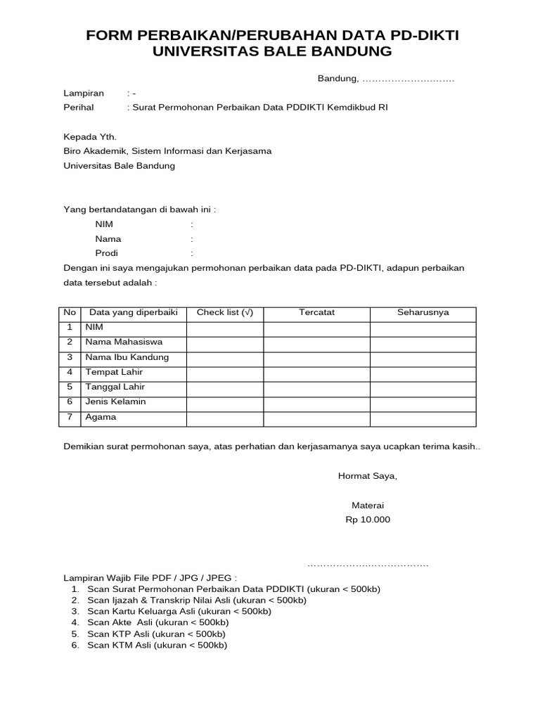 Surat Permohonan Perbaikan Data-PDDIKTI | PDF