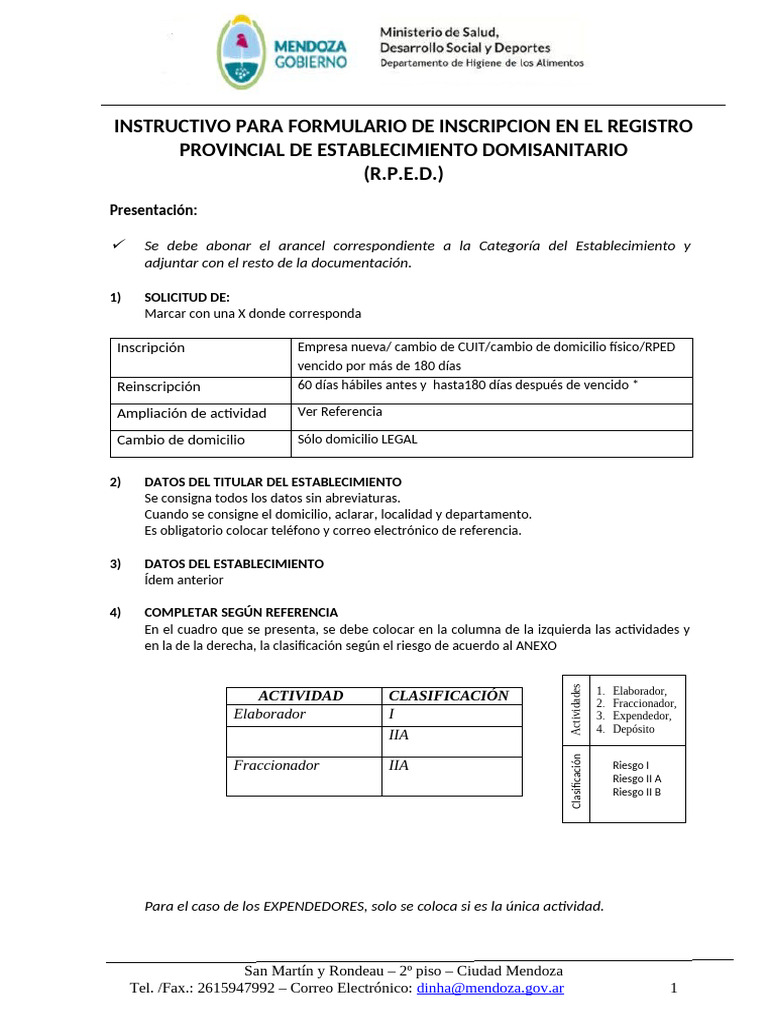 4 INSTRUCTIVO Formulario Registro Provincial de Establecimiento Domisanitario RPED | PDF