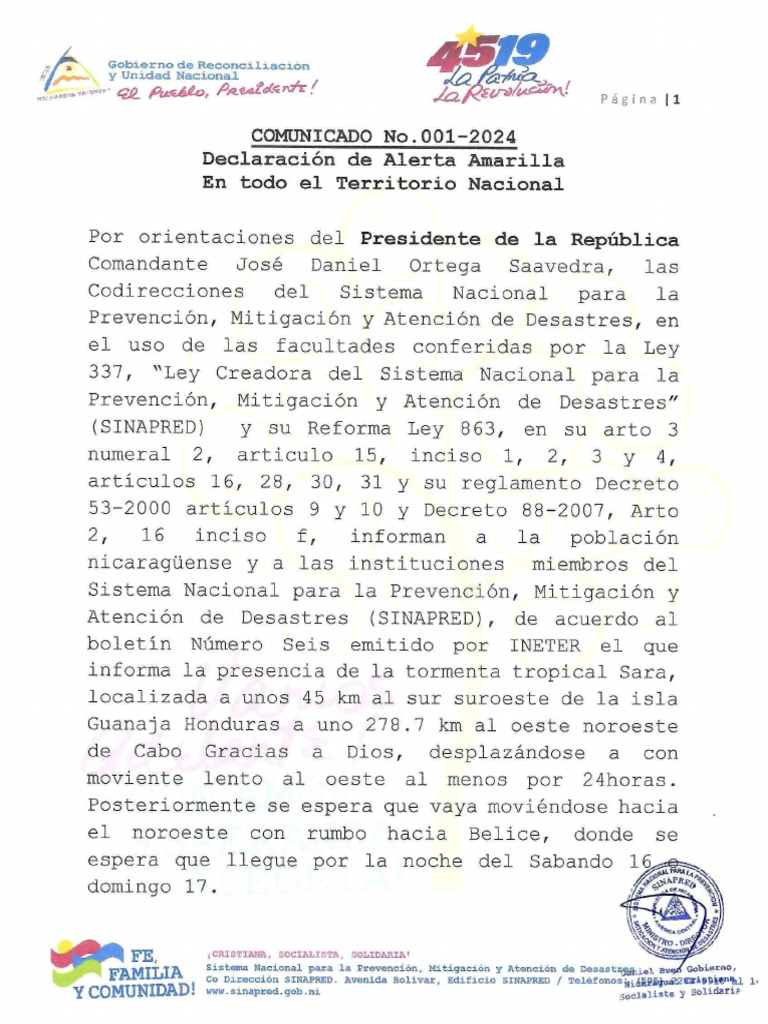 COMUNICADO No. 001-2024 Declaración Alerta Amarilla | PDF