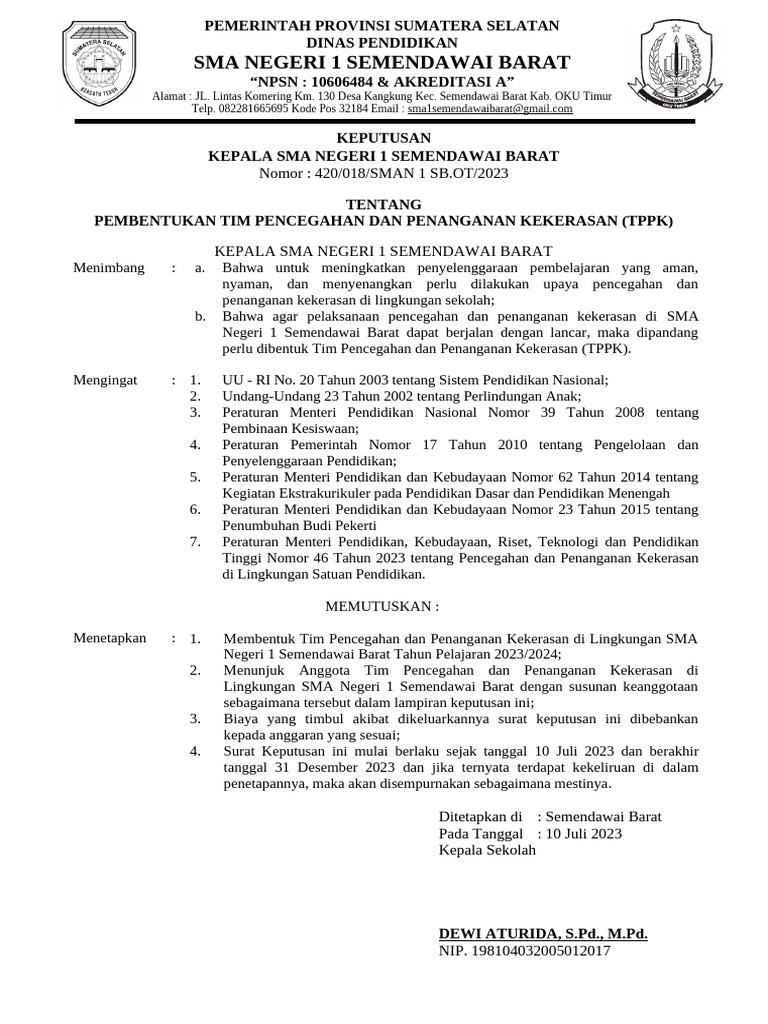 SK Tim Pencegahan Dan Penanganan Kekerasan | PDF