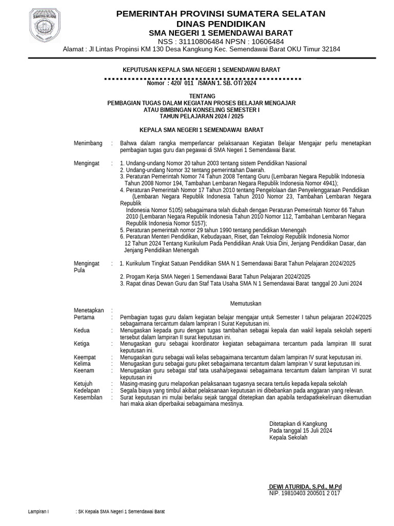 SK Pembagian Tugas TP 2024/2025 | PDF
