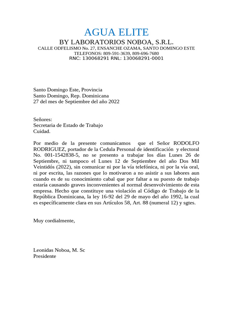 Carta Notificacion Ausencia Rodolfo Rodriguez | PDF | Negocios ...