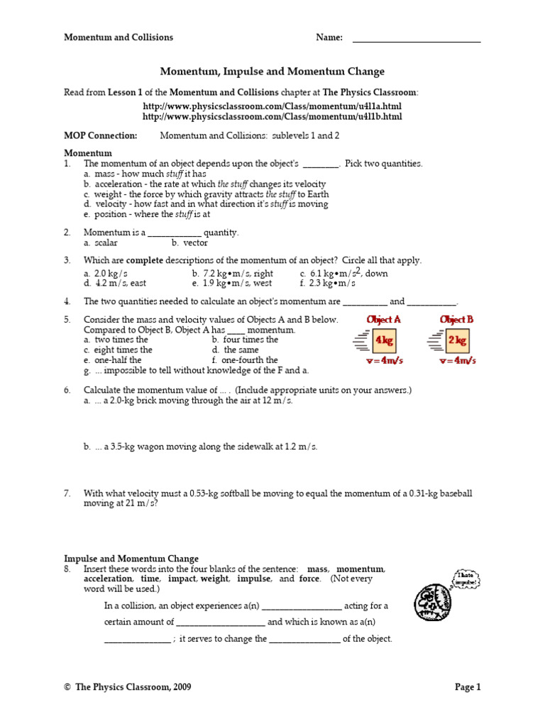 Momentum and Impulse Worksheet | PDF | Momentum | Force