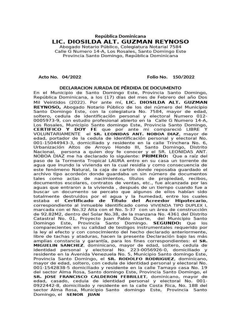Declaracion Jurada Perdida de Titulo Acreedor | PDF | República Dominicana