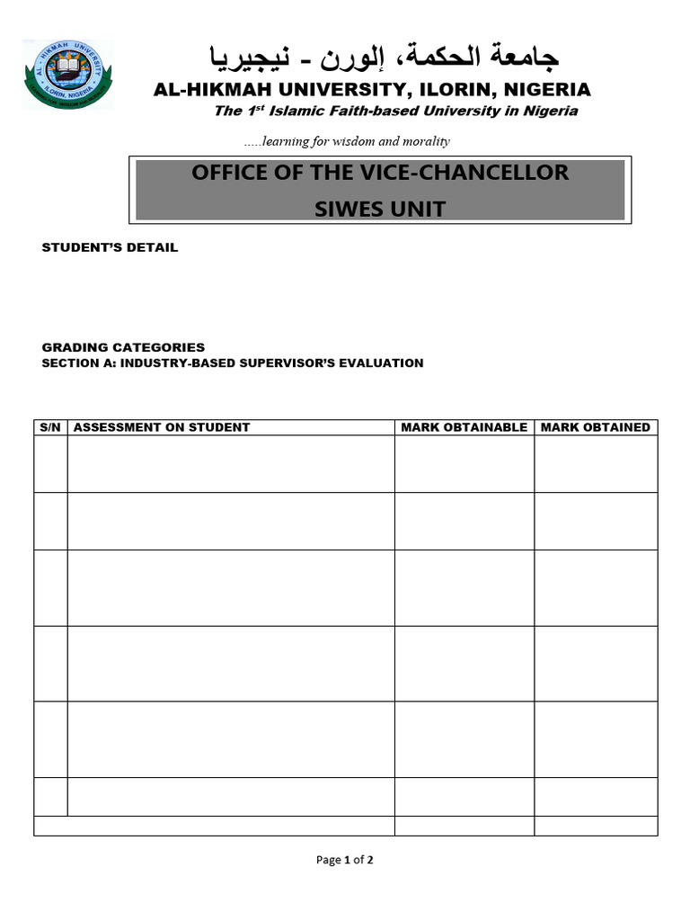 Student Evaluation Form for SIWES | PDF | Psychology | Behavior ...