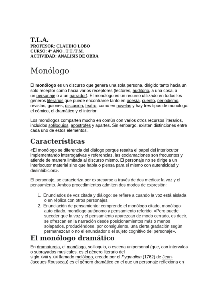 El Monologo 4°año T.M. - T.T. | PDF | Monólogo | Teatro