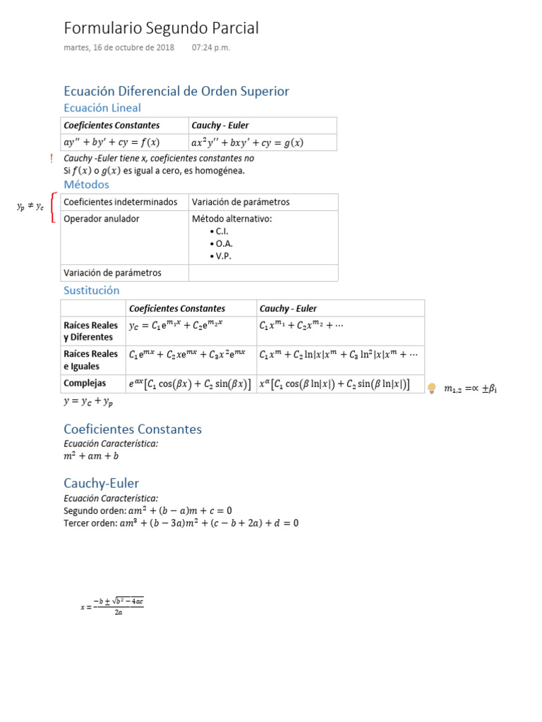 Formulario Segundo Parcial Ecuaciones Diferenciales | PDF