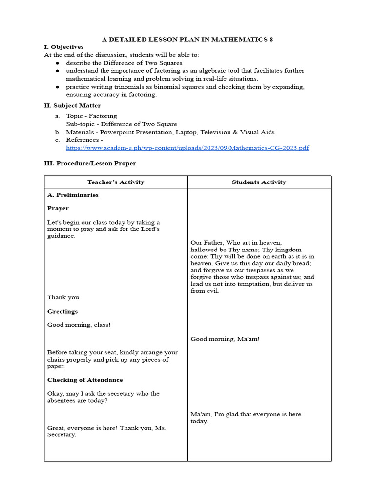 A Detailed Lesson Plan in Mathematics 8 | PDF | Factorization | Polynomial
