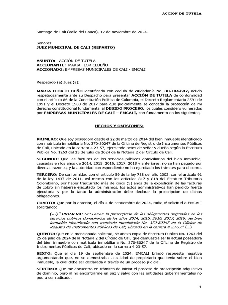 Accion de Tutela Debido Proceso - Maria Flor Cedeño | PDF | Debido al ...