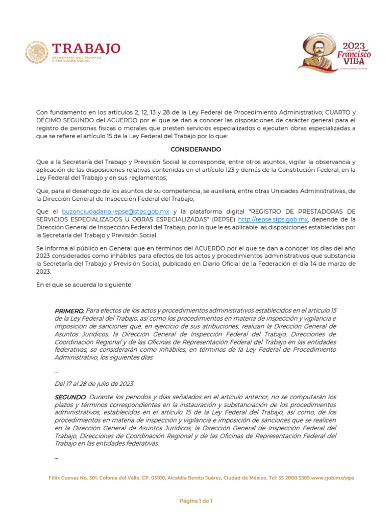 Inhábiles para el Registro REPSE 2023 | PDF | Gobierno | Justicia