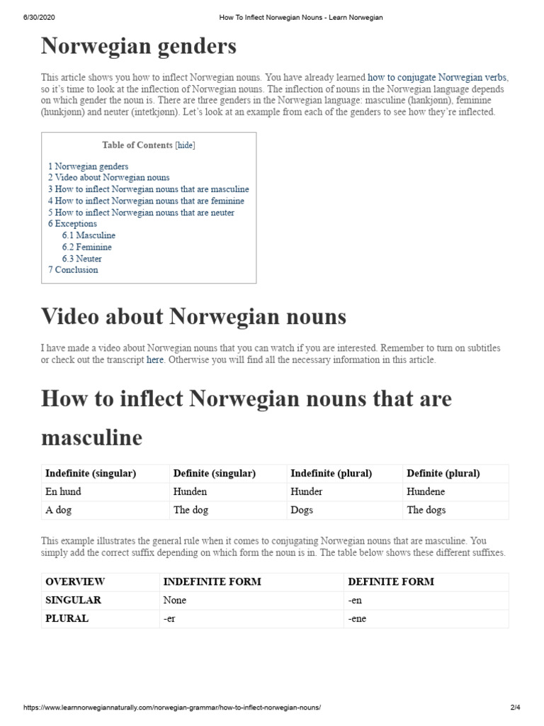 How To Inflect Norwegian Nouns - Learn Norwegian | PDF | Grammatical Gender | Grammatical Number