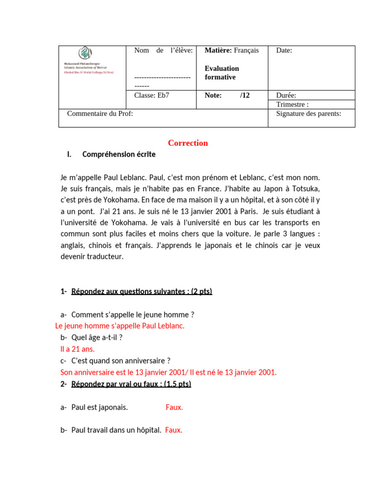 Évaluation formative de français Eb7 | PDF