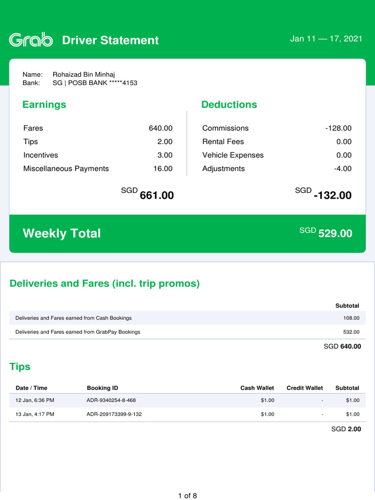 Grab Driver Weekly Earnings Statement | PDF | Fare | Tax Deduction