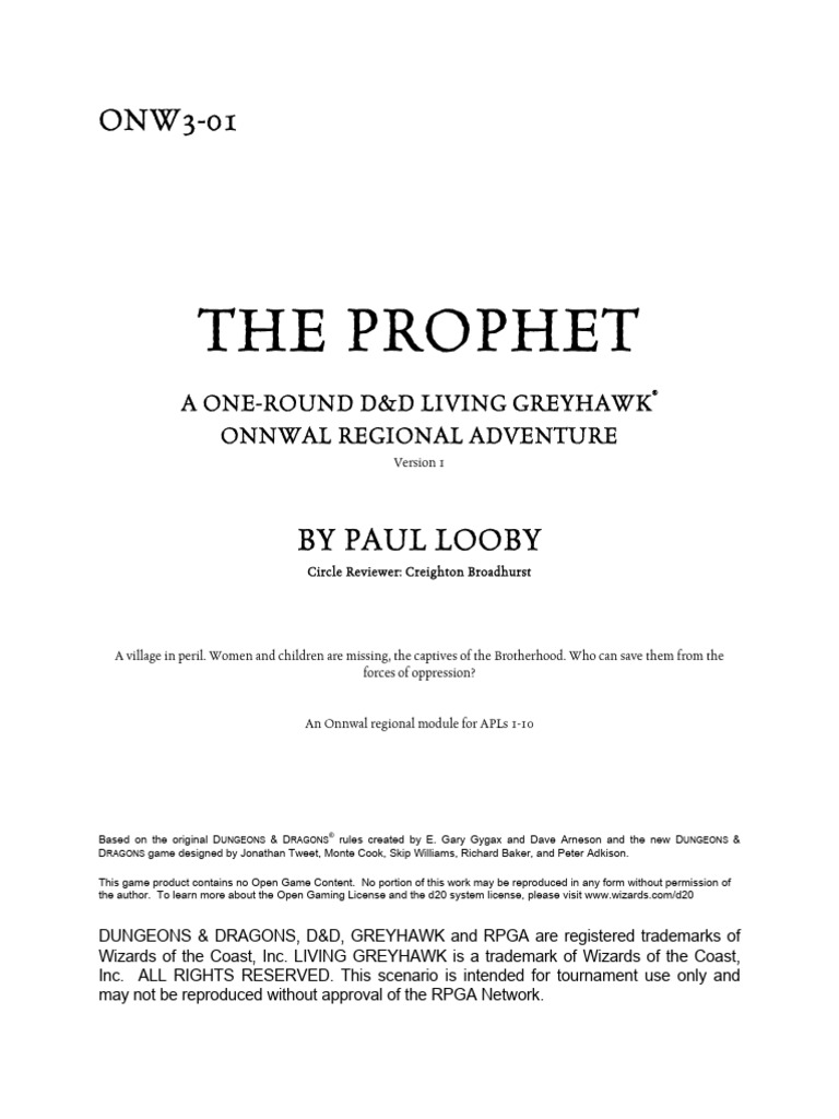 ONW3-01 The Prophet | PDF | Dungeons & Dragons | Role Playing Games