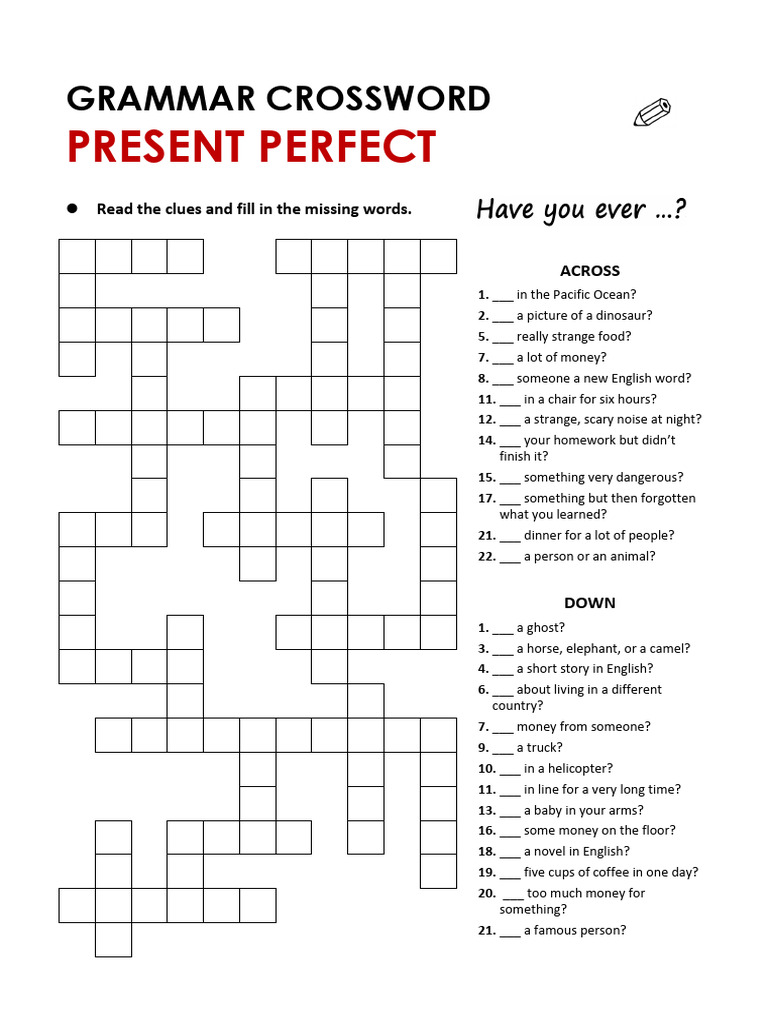 Crossword Puzzle Present Perfect | PDF | Crossword | Word Puzzles