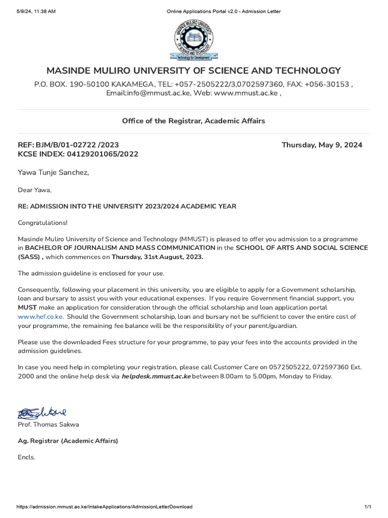 Tunje Admission Letter | PDF | Social Science | Computers