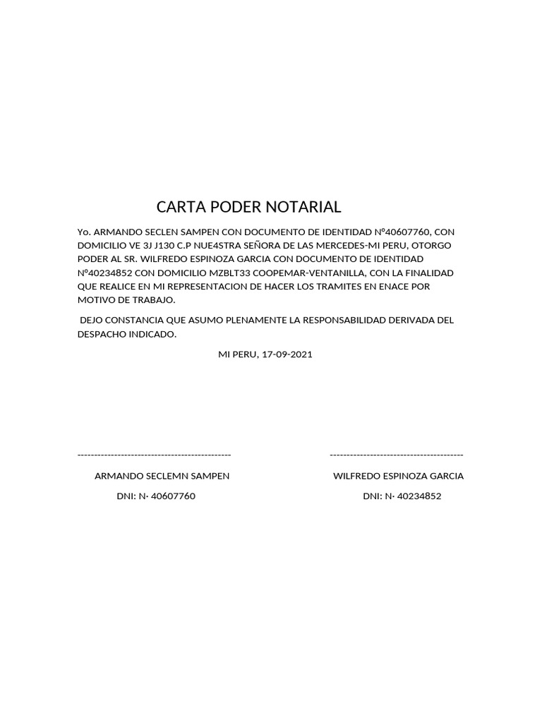 Carta Poder Notarial | PDF | Finanzas y dinero