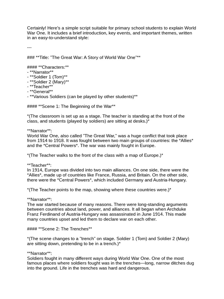 WW1 Script for Primary Students | PDF | World War I | Central Powers