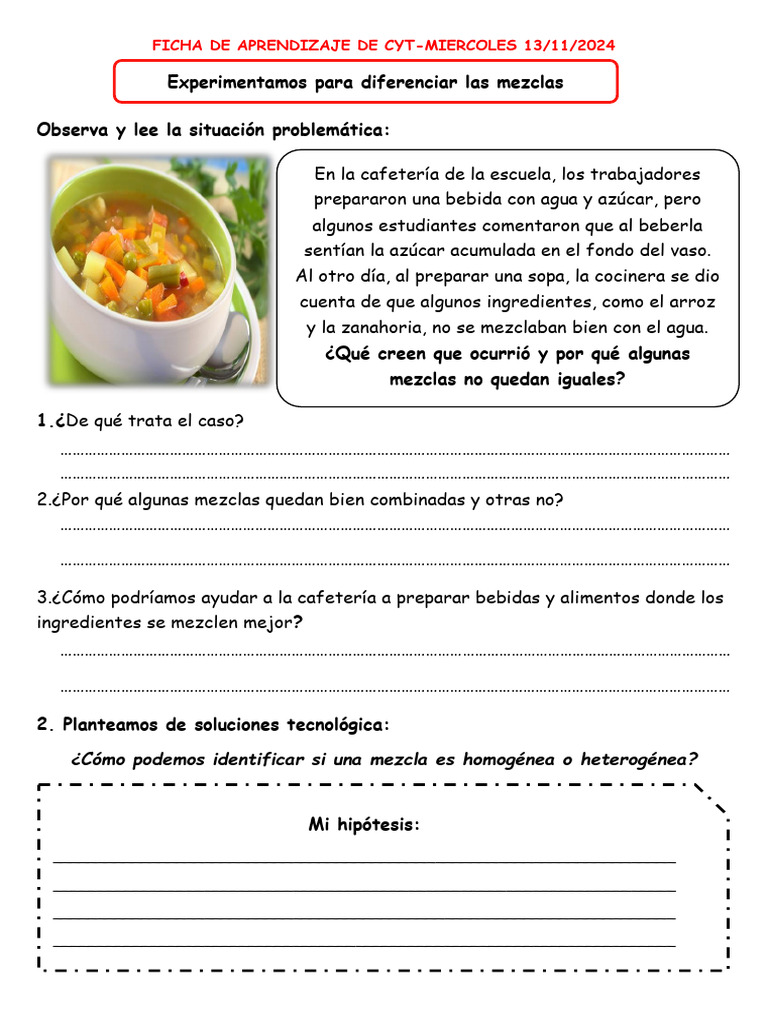 Ficha Cyt Miercoles 13 Experimentamos Mezclas | PDF | Mezcla | Alimentos